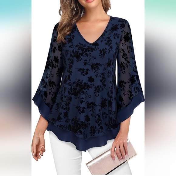 Tops | Lotusmile Womens Dressy Double Layers Mesh Shirt Ruffle 34 ...